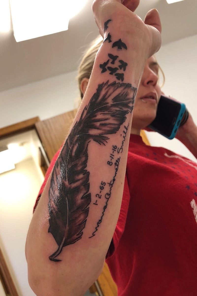 Tattoo uploaded by Todd Simmons • Feather cover-up w signature & dates ...
