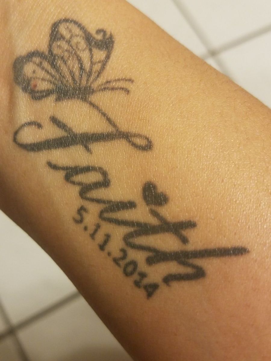 Tattoo uploaded by Glenda • First borns name and birth date. I designed ...