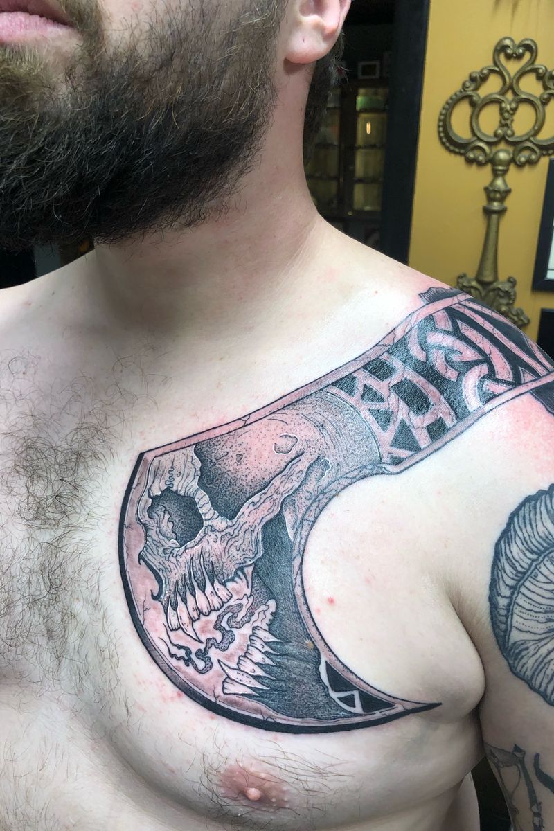 Tattoo uploaded by Nathan Church • Skull axe on chest for appoinments ...