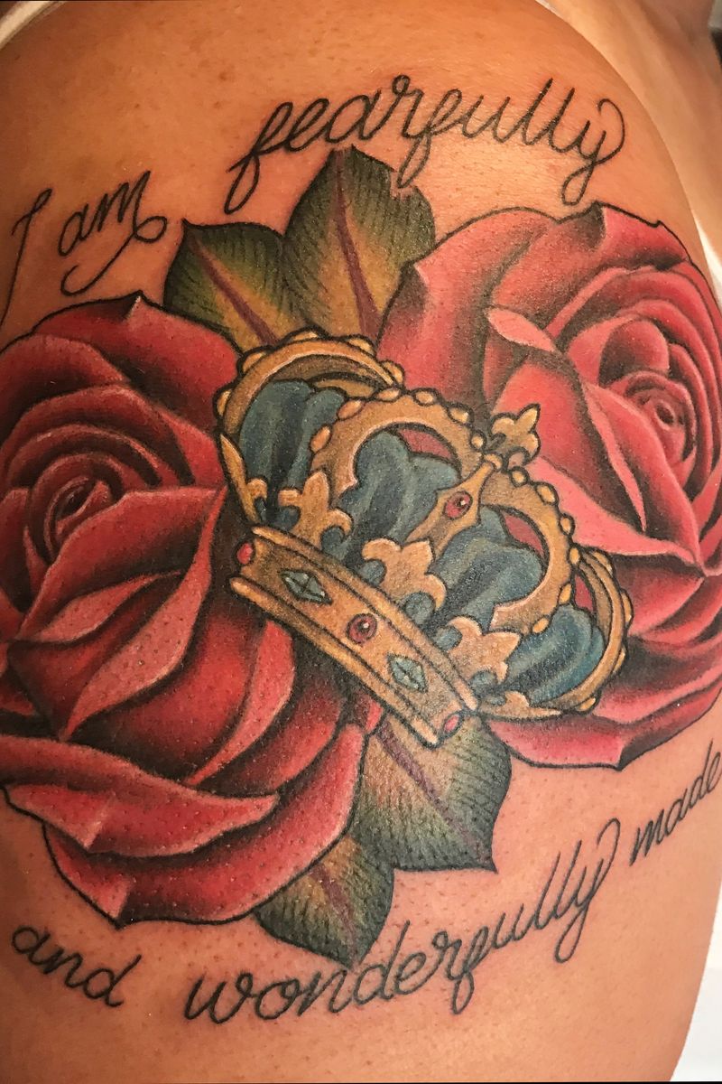 Tattoo uploaded by Kris Kezar • Roses and crown on shoulder • Tattoodo