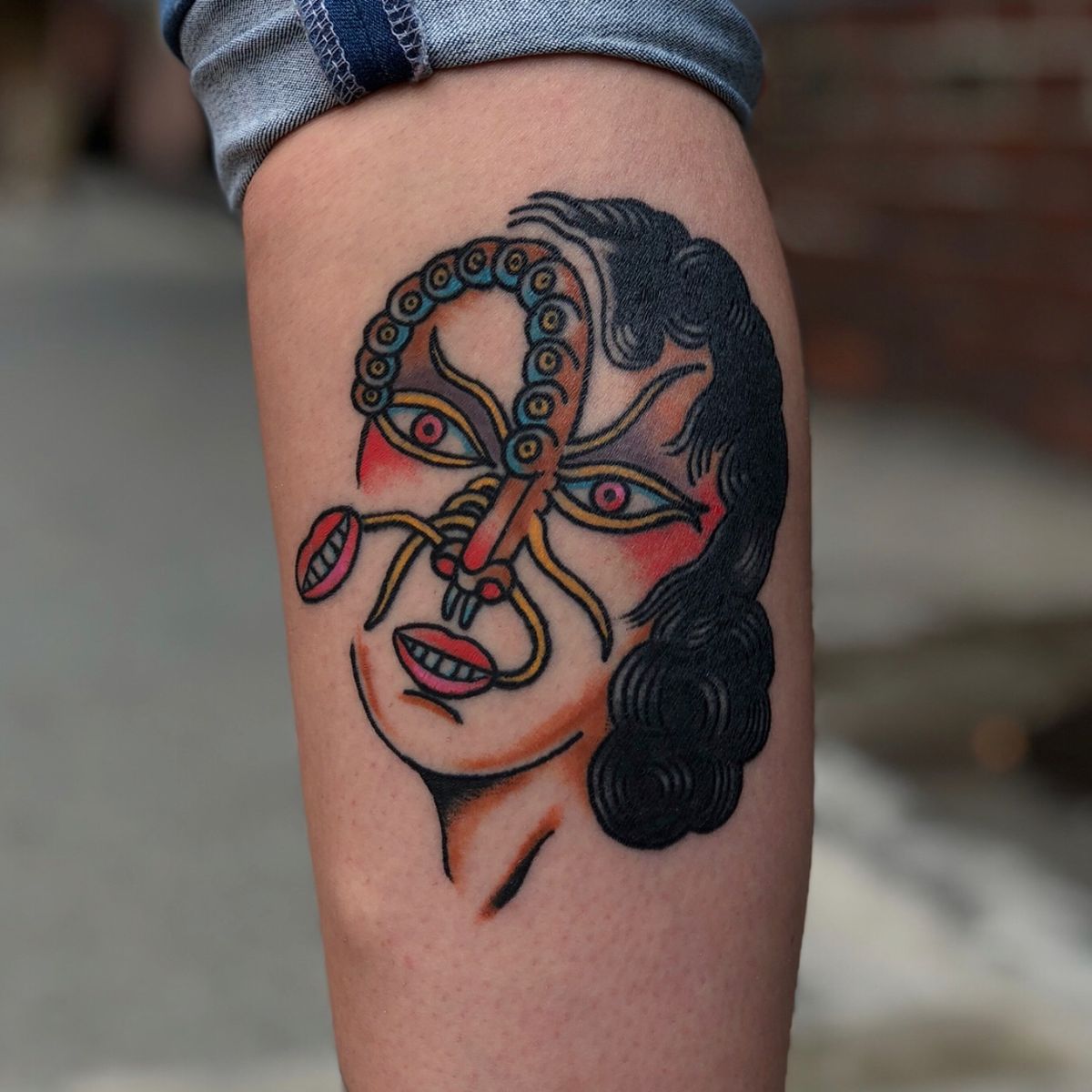 Tattoo uploaded by Bellows • Healed tattoo of a bug eyed lady. • Tattoodo