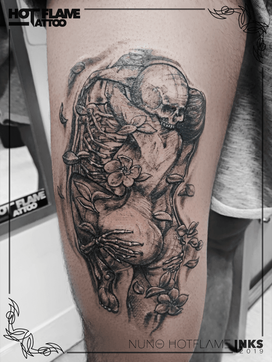 Tattoo uploaded by Hot Flame Tattoo • Skeleton holding a Girl • Tattoodo