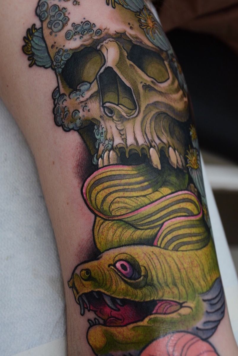 Tattoo uploaded by Jacob Wiman • Moray eel and skull! • Tattoodo
