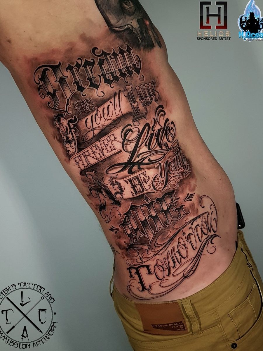 Tattoo uploaded by Leigh_tattoos • Full rib script piece! Design colab ...