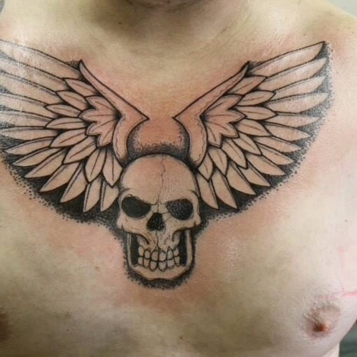Tattoo uploaded by Rich Ainsworth • Skull, chest piece, black and grey ...