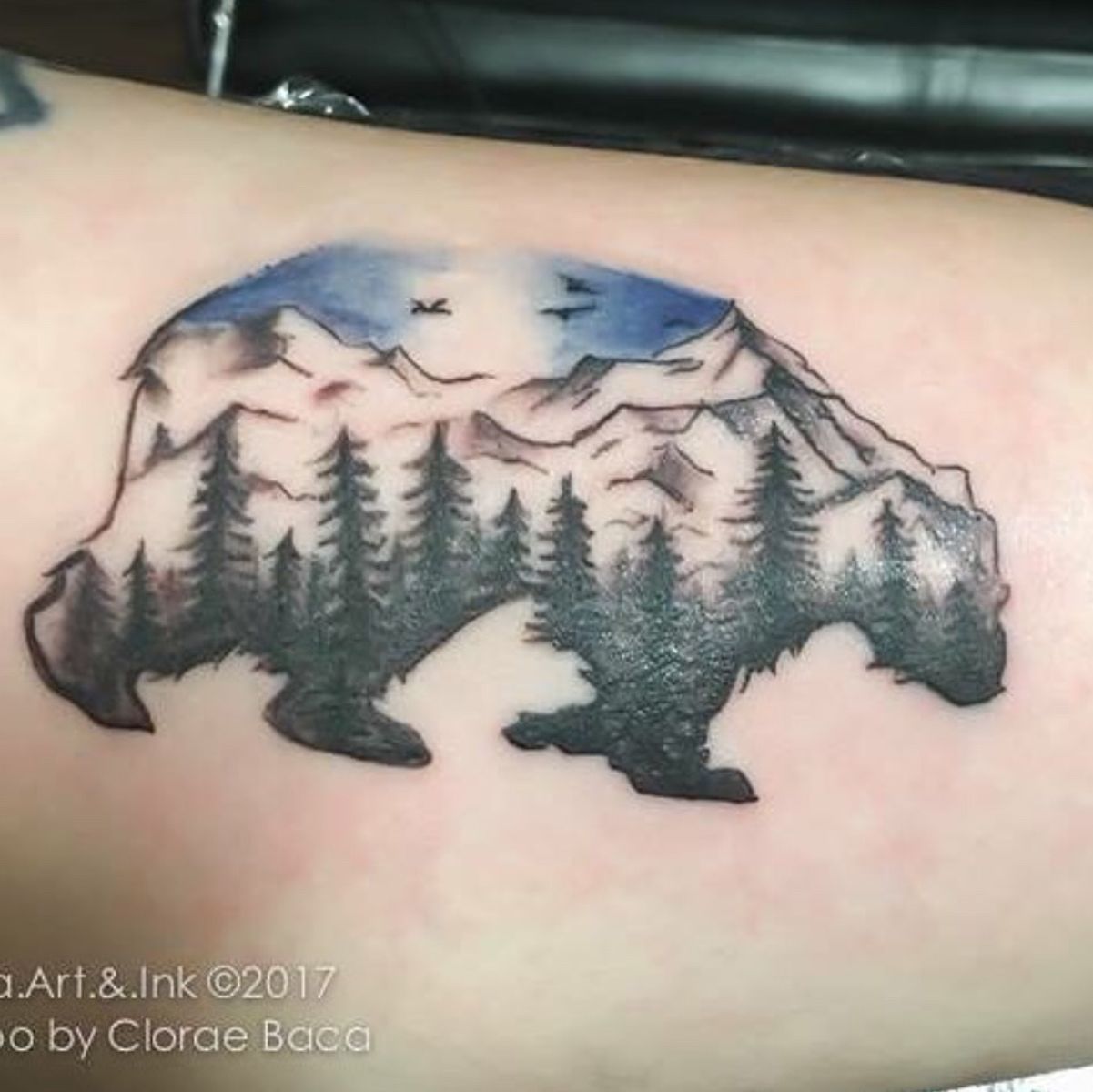 Tattoo uploaded by Clorae Baca • Bear with evergreen trees, mountains ...