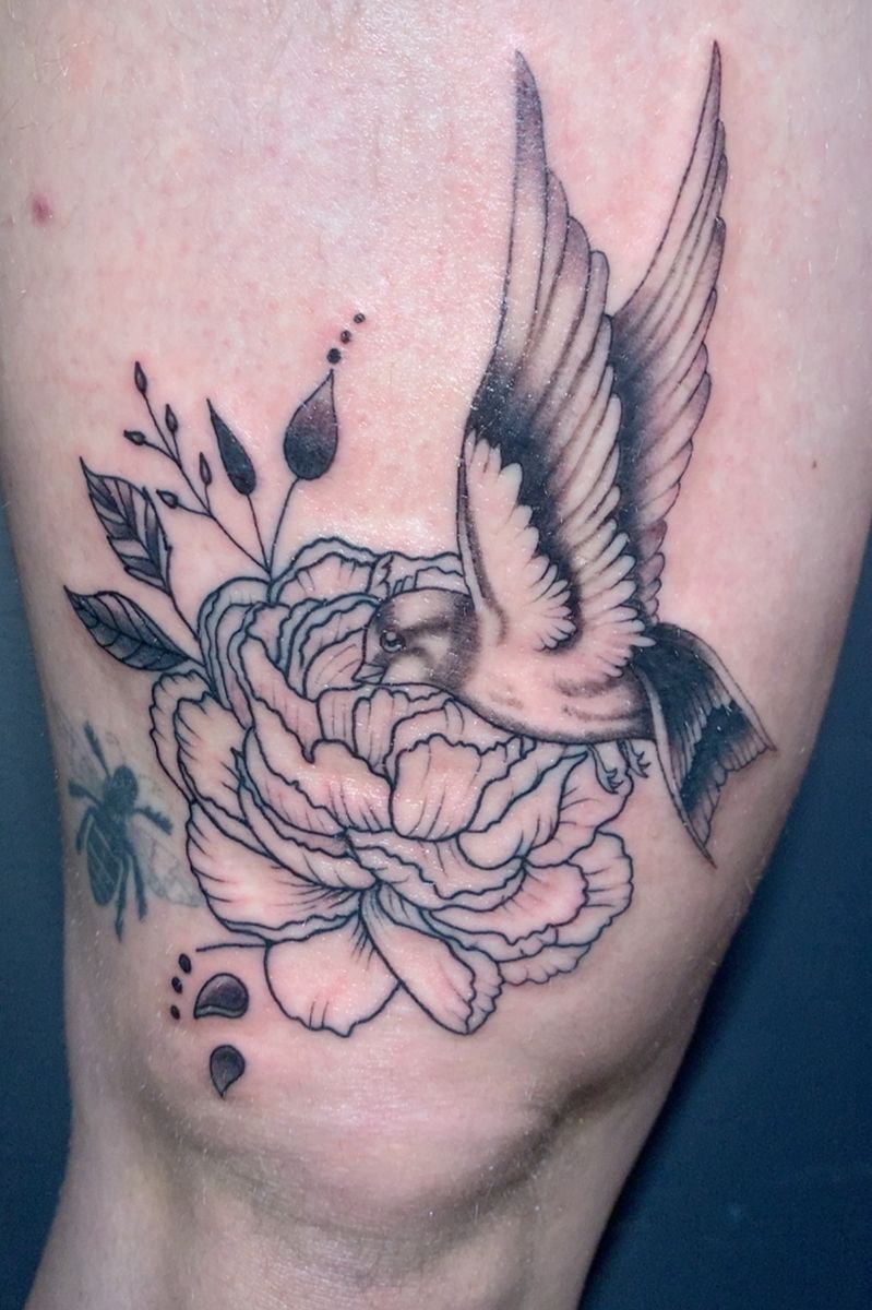 Tattoo uploaded by Lucy • Swallow and fine line peony • Tattoodo