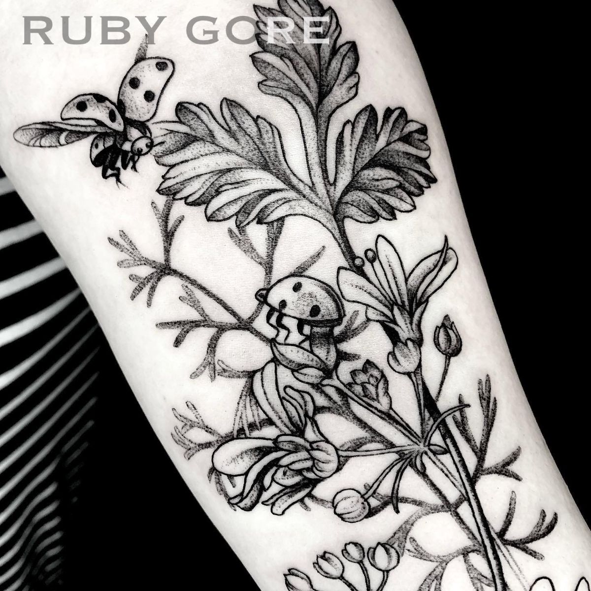 Tattoo uploaded by Ruby Gore • Little ladybug family hidden in cilantro ...