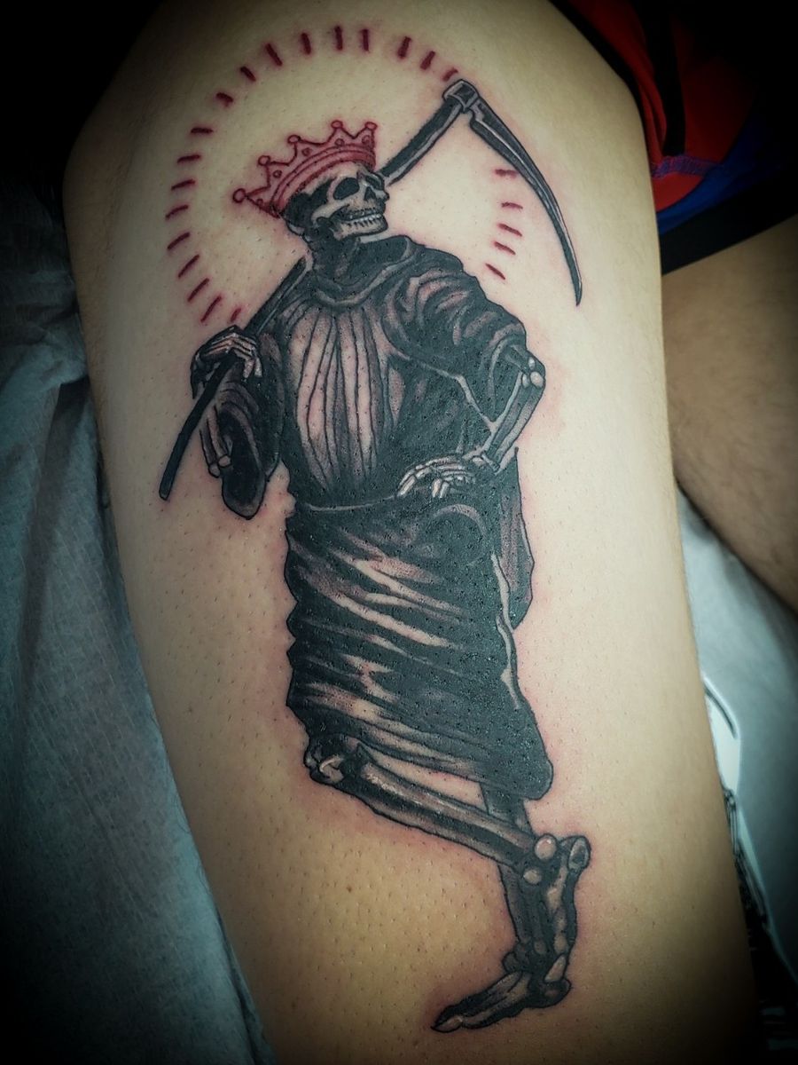 Tattoo uploaded by Nate "Ink" Capps • Reaper on thigh • 1201666 • Tattoodo