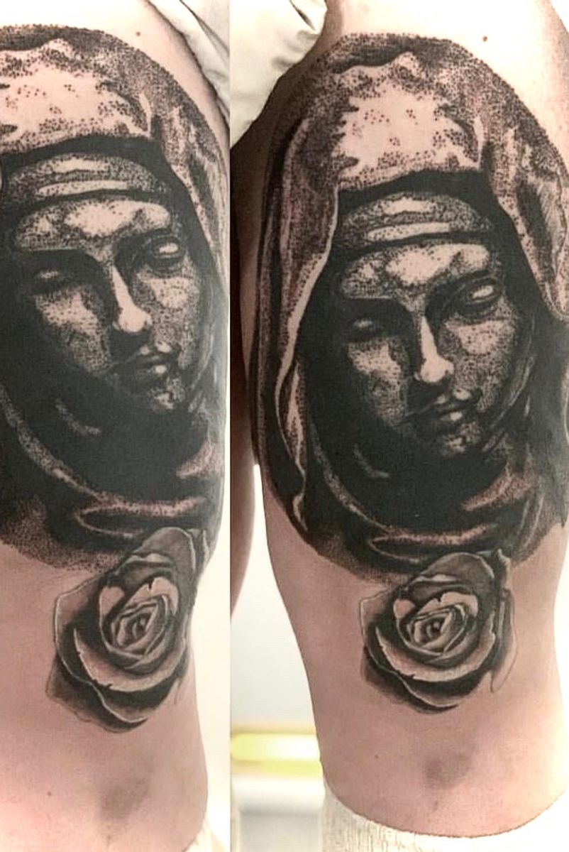 Tattoo uploaded by @gingetattoo • Start of a religious Leg sleeve ...