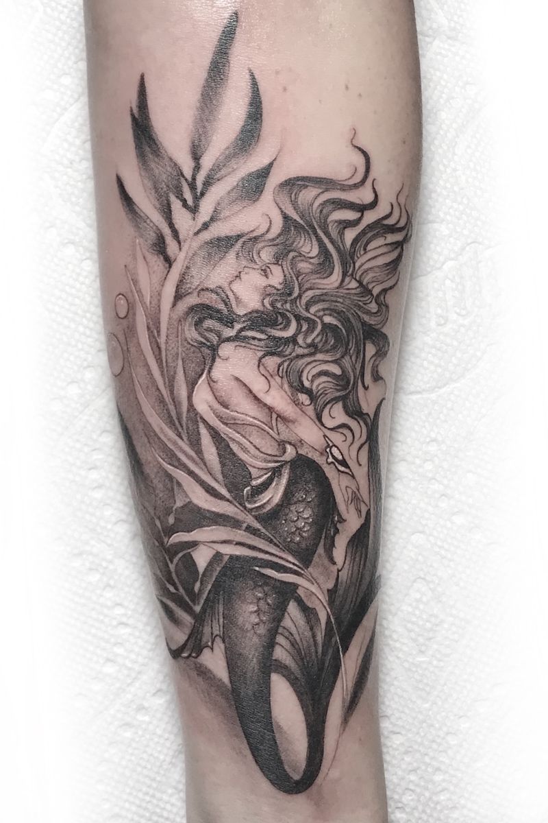 Tattoo uploaded by Crystal Godsey • Custom Black and gray style mermaid ...