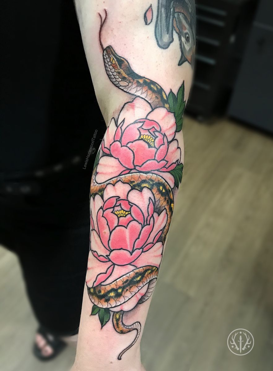 Tattoo uploaded by @LewisHazlewood • Neo trad peonies and python • Tattoodo