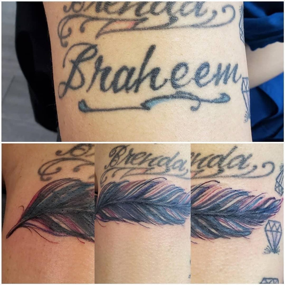 Tattoo uploaded by Casie InKrazy • Name cover up with freehand feather ...