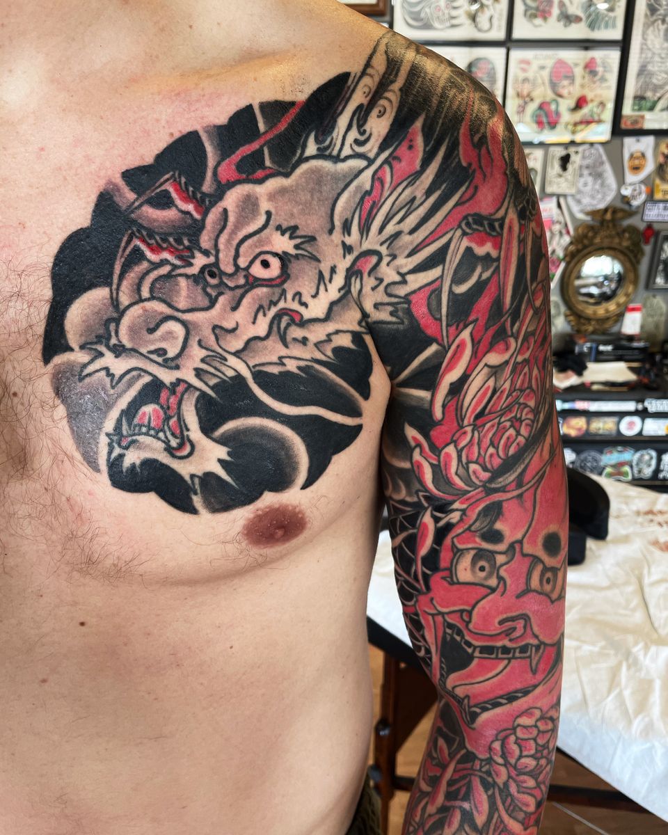 Tattoo uploaded by Rob Junod • Dragon, hannya and chrysanthemums ...