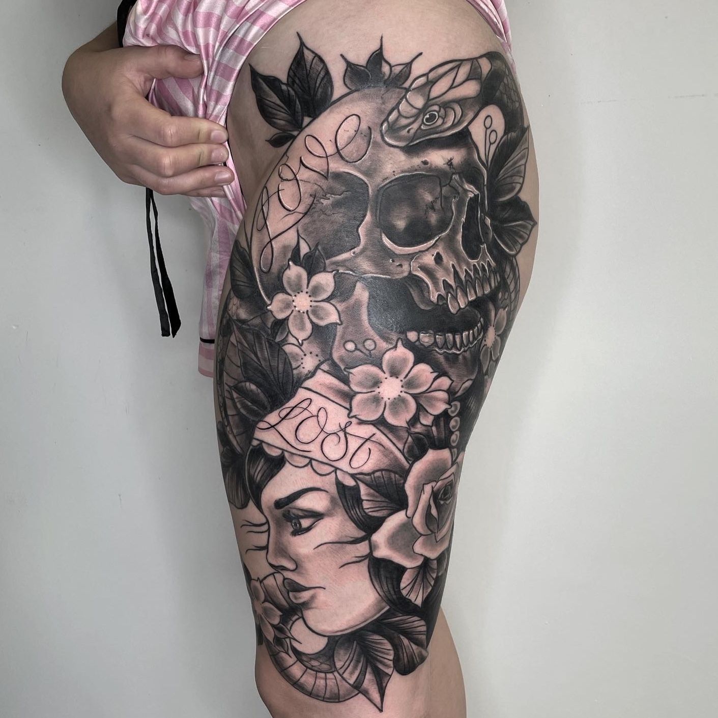 Sugar Skull Thigh Tattoo Orangetattooshop