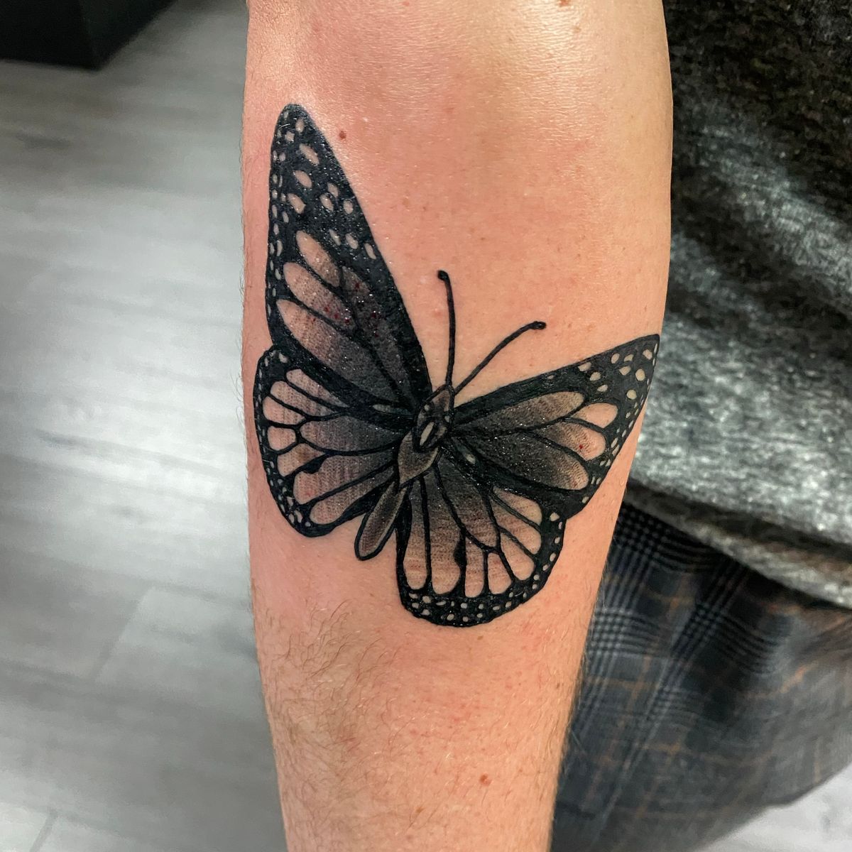 Tattoo uploaded by Alex Byrne • Black and grey butterfly • Tattoodo