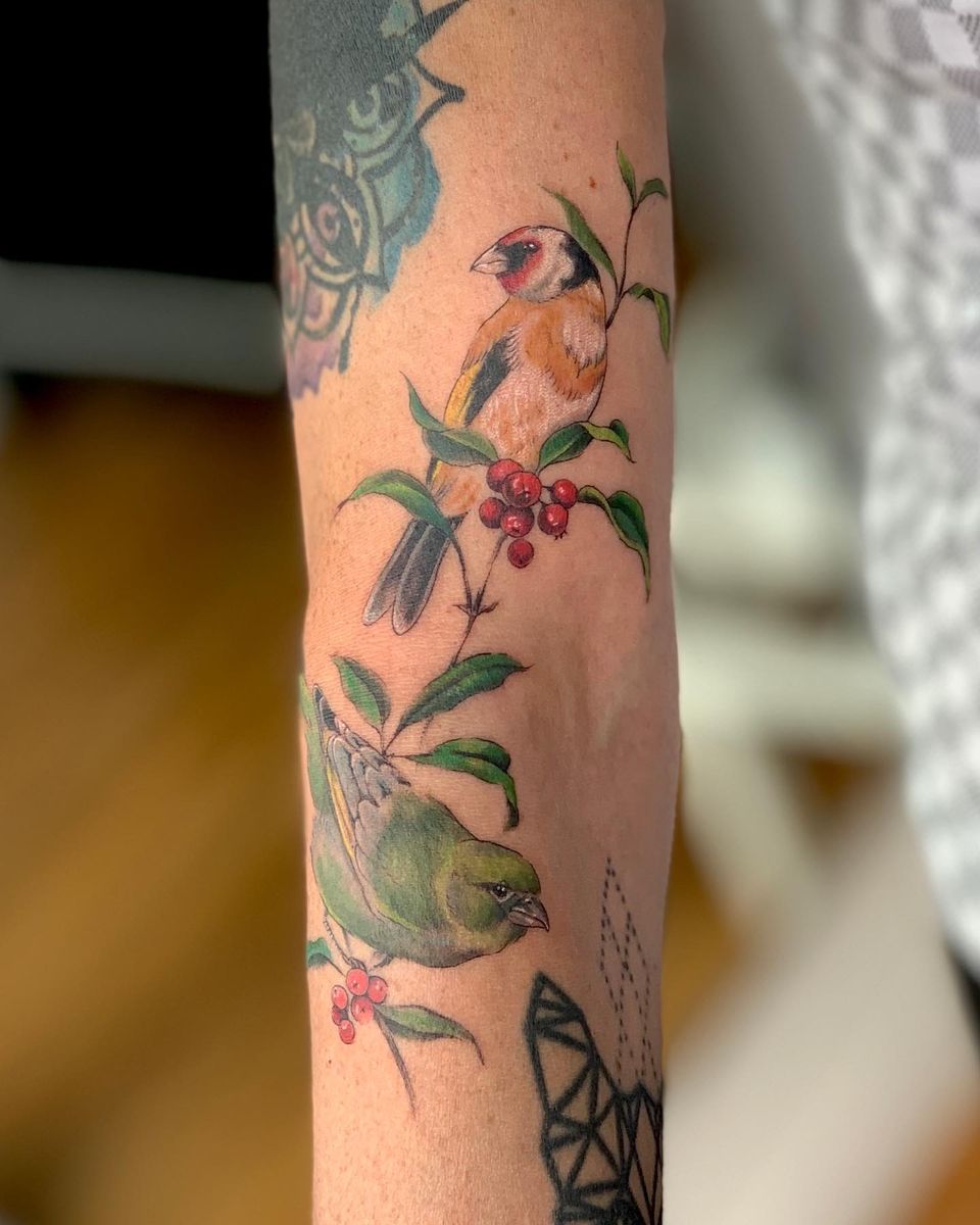 Tattoo uploaded by Jane Cho • Pair of finches with berries • Tattoodo