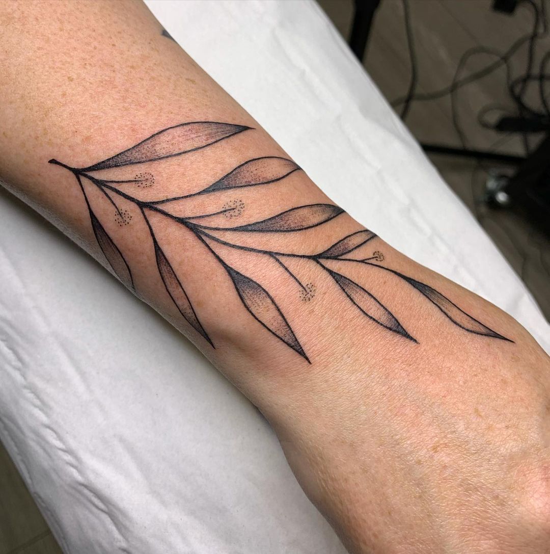 Fine Line Leaf Sprig Tattoo • Tattoodo