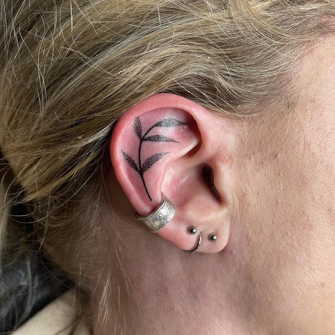 Dotwork Floral Leaf Ear Tattoo • Tattoodo