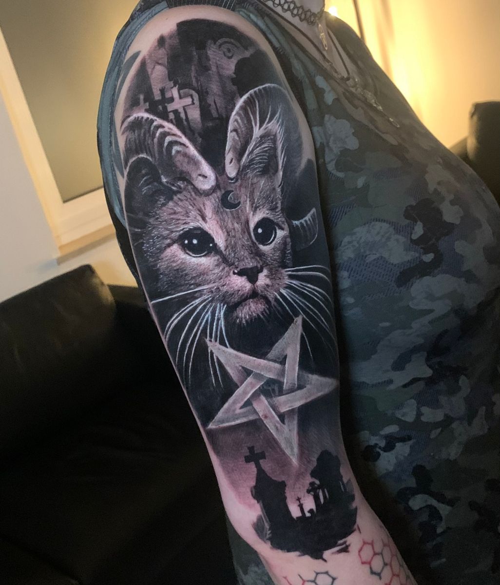 Tattoo uploaded by Alo Loco Tattoo • Gothic Cat With Horns Sleeve ...