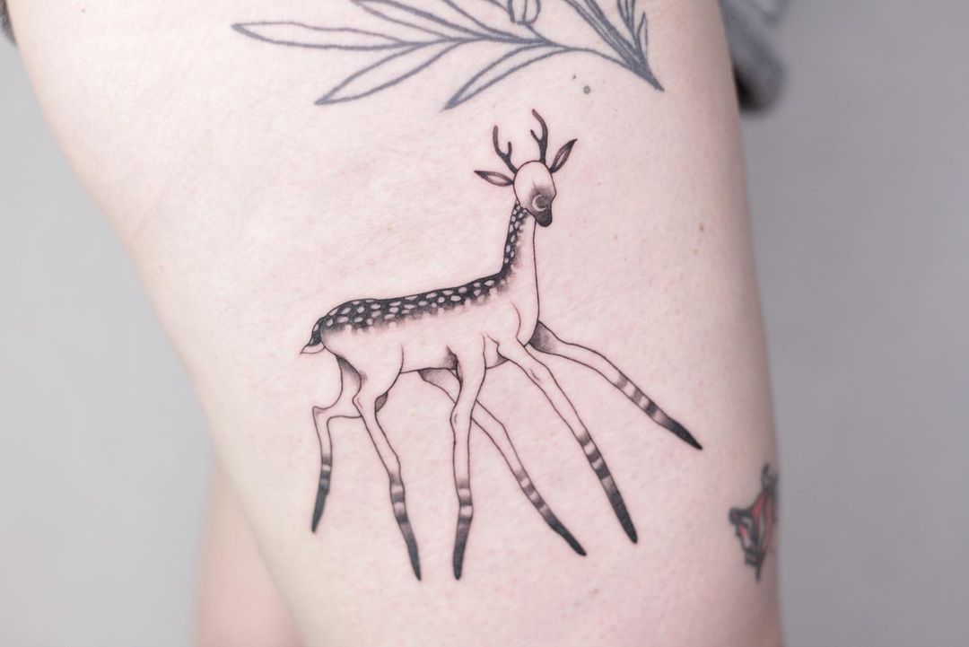 Fine Line Deer Tattoo on Upper Leg • Tattoodo