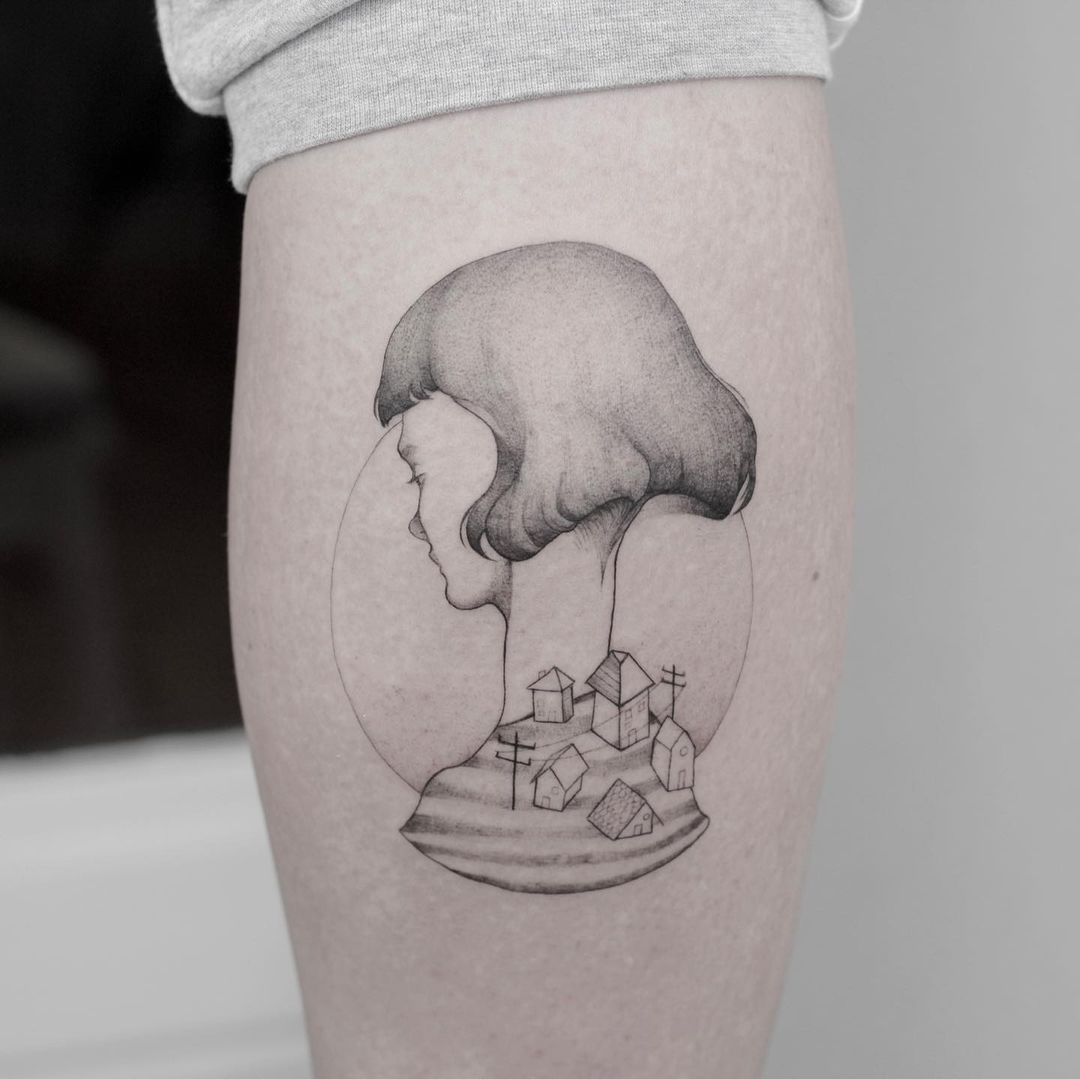 Fine Line Woman & House Leg Tattoo • Tattoodo
