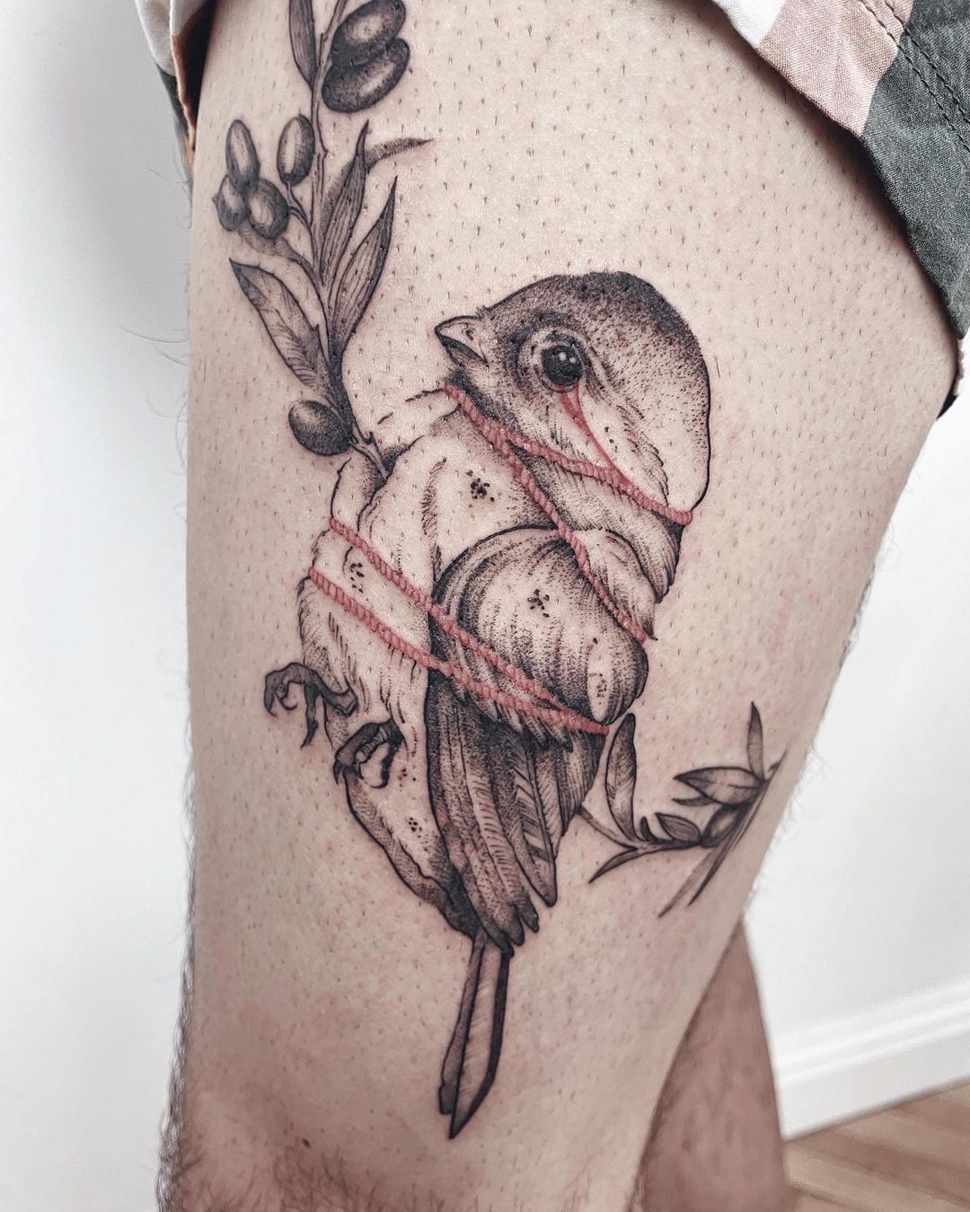 Bird and Flower Leg Tattoo • Tattoodo