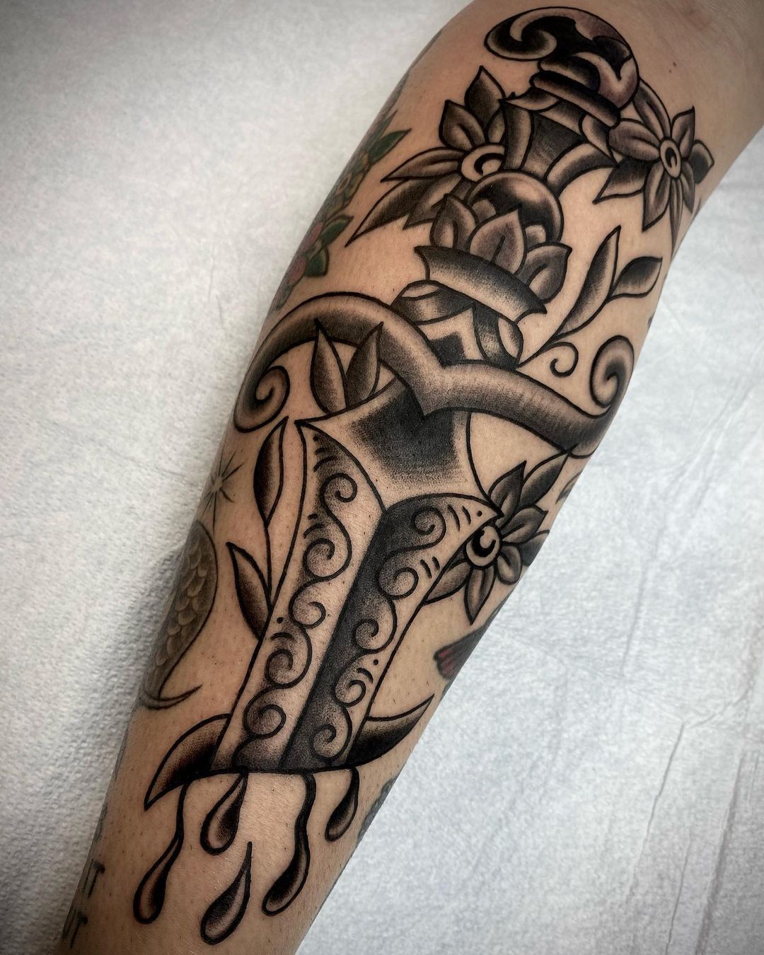 Neo Traditional Dagger Tattoo Floral Moth Dagger Tattoo By Marilee