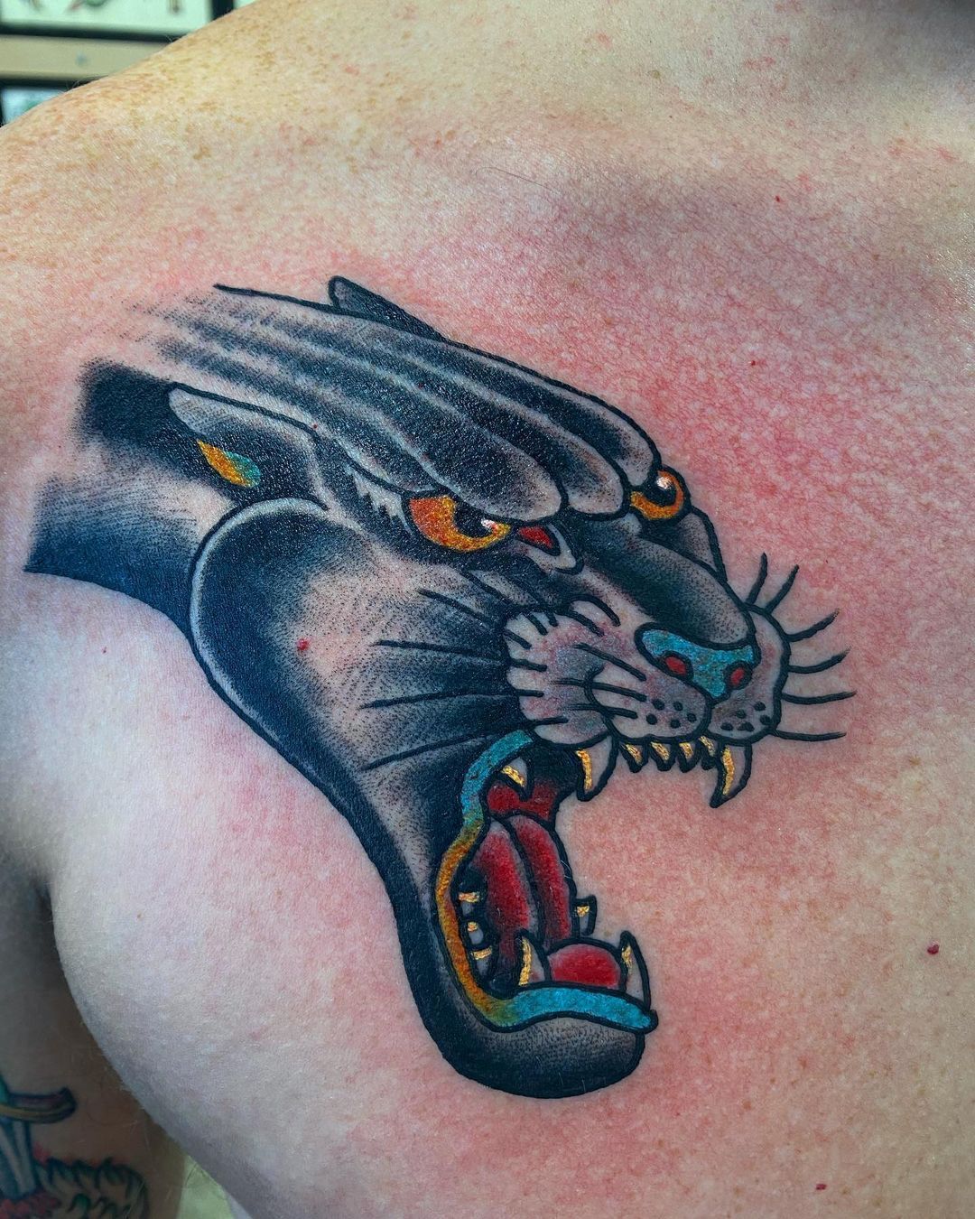 Traditional Panther Chest Tattoo • Tattoodo