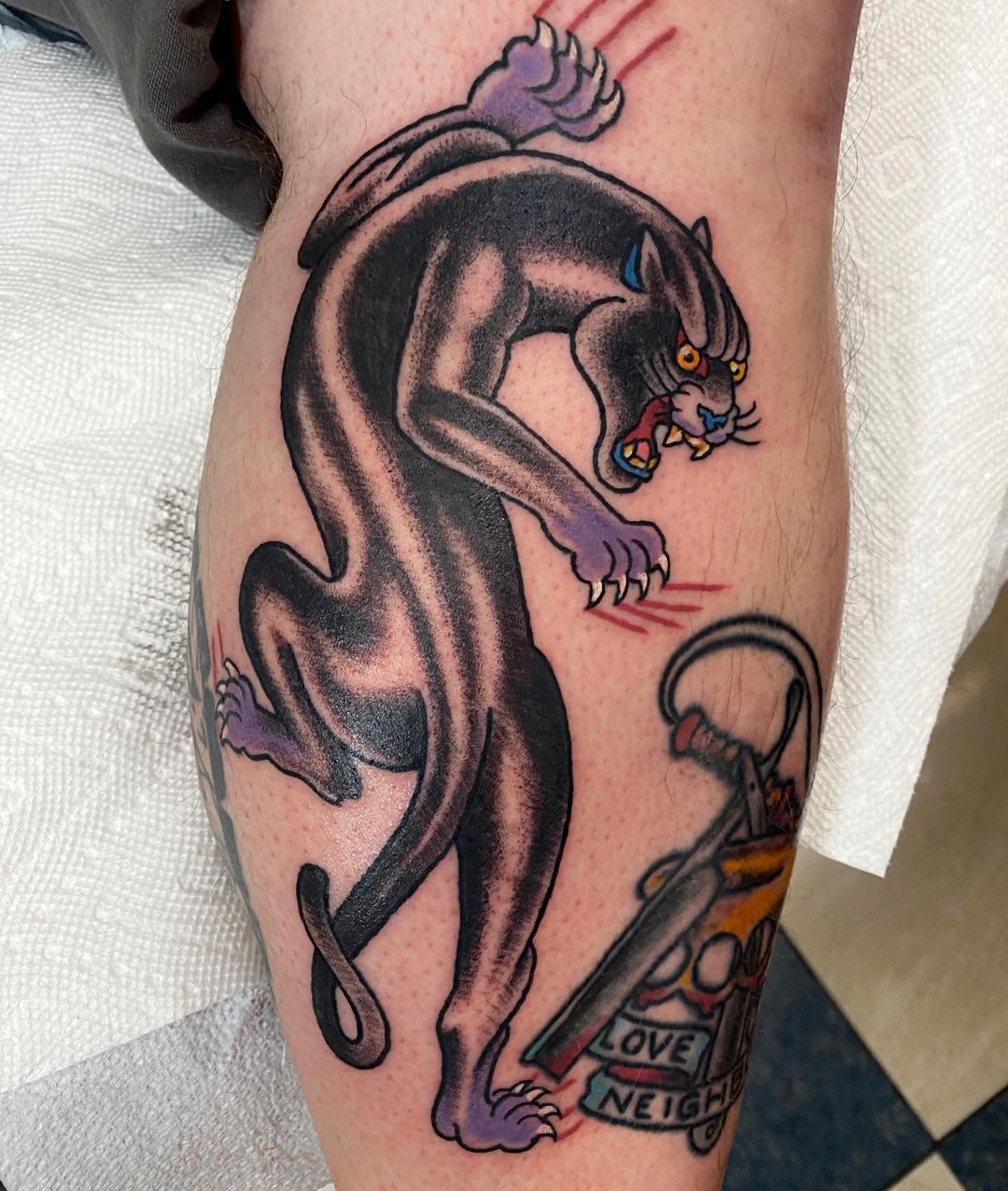 Traditional Panther Lower Leg Tattoo • Tattoodo