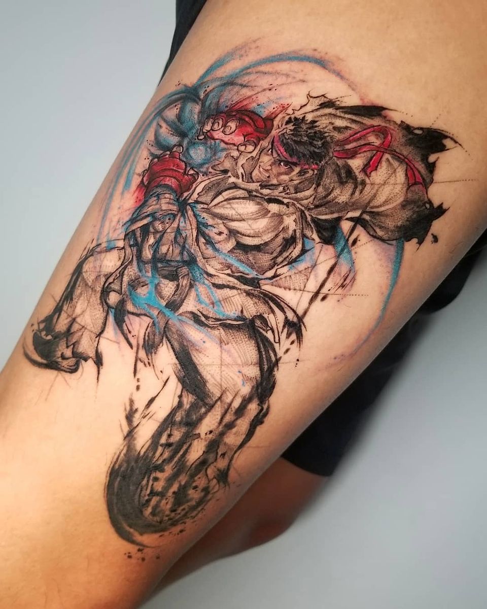 Illustrative Ryu Tattoo on Upper Leg • Tattoo uploaded by Inkcognito ...