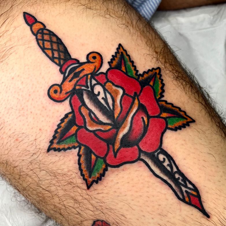Dagger Through Rose Tattoo • Tattoodo