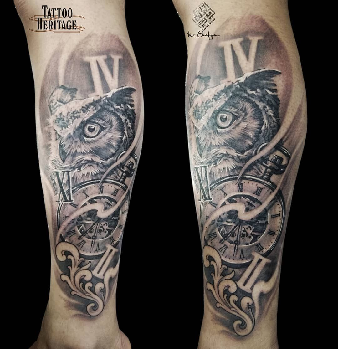 Realistic Owl and Clock Leg Tattoo • Tattoodo