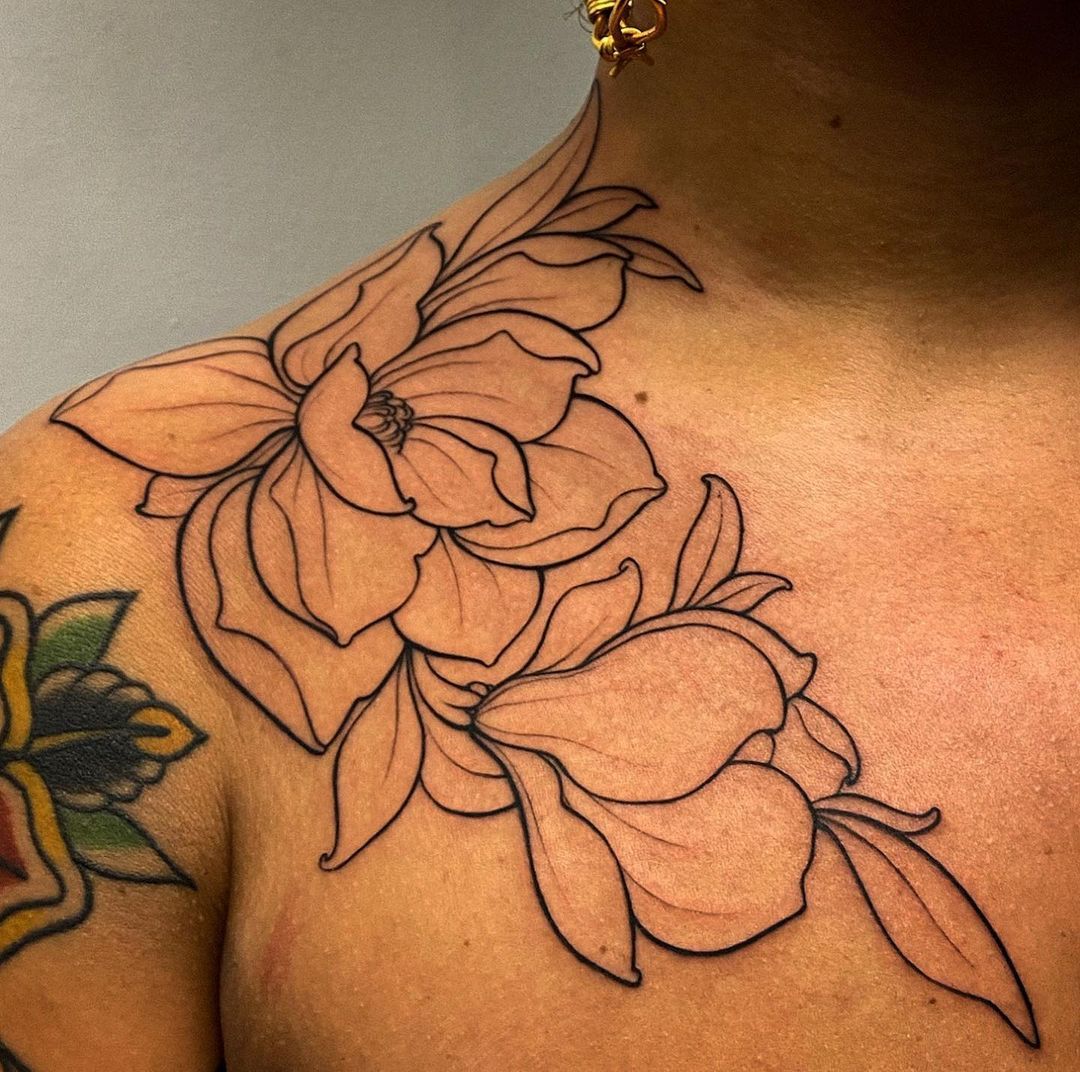 Fine Line Floral Chest Tattoo by Edyta • Tattoodo