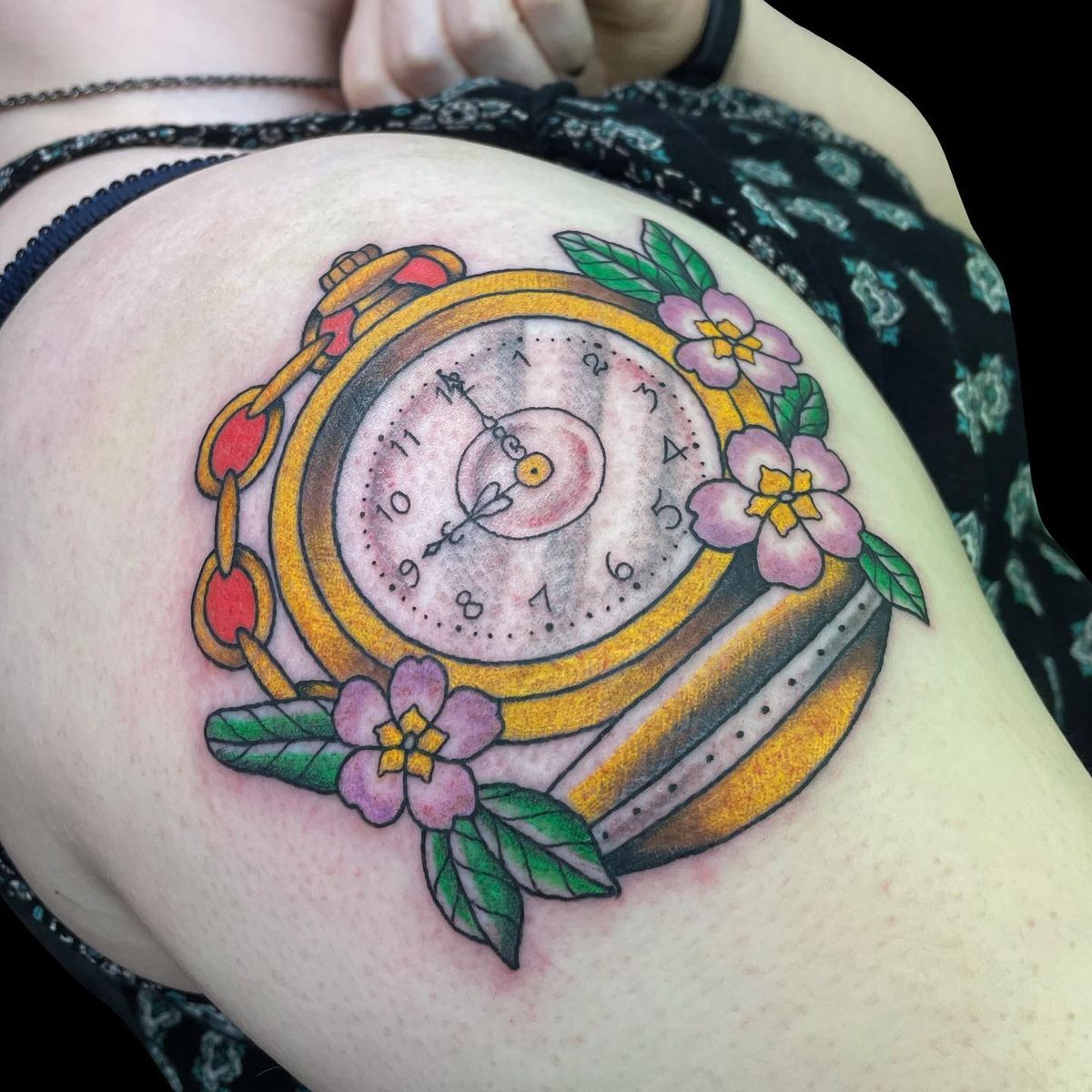 Colorful Flower and Clock Upper Arm Tattoo • Tattoo uploaded by Letitia ...