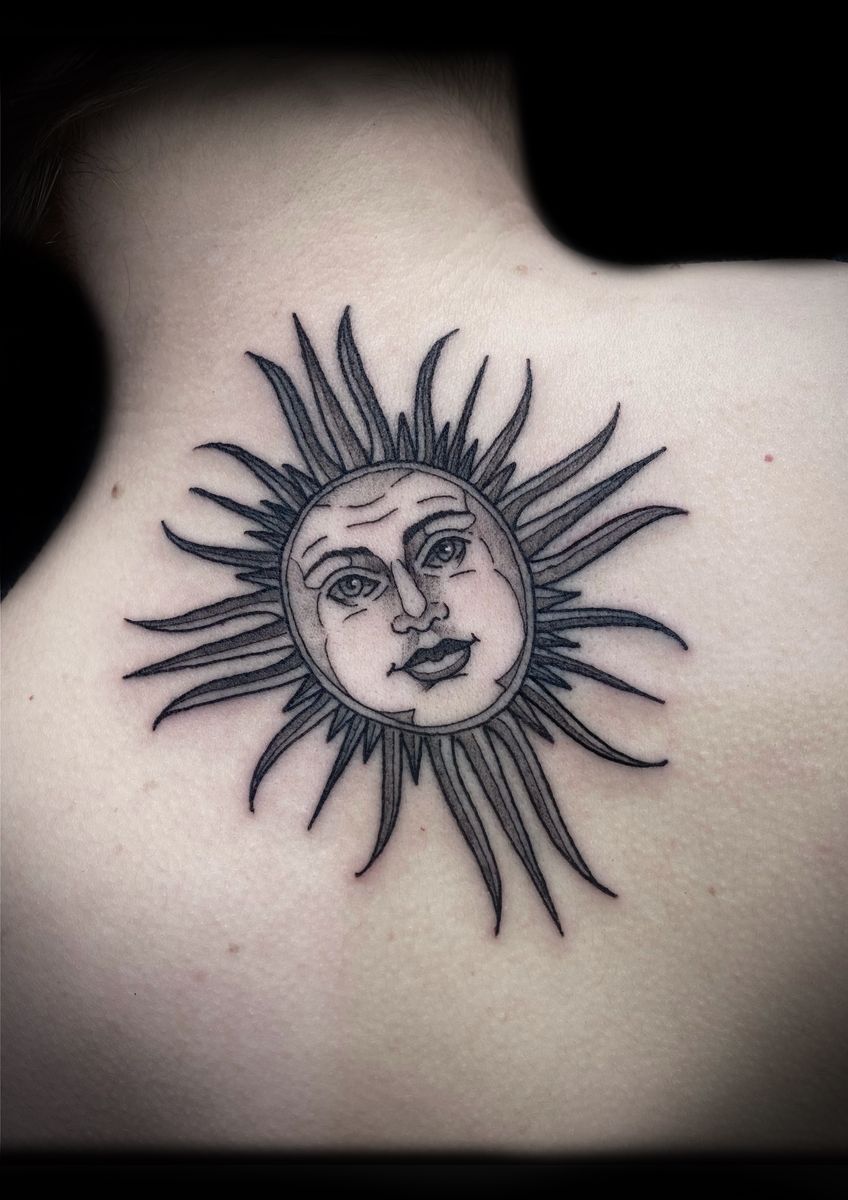 Sun Face Upper Back Tattoo • Tattoo uploaded by Victor martin • Tattoodo