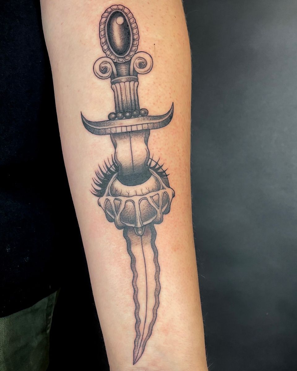 Mystical dotwork dagger & eye • Tattoo uploaded by Kat Jennings • Tattoodo