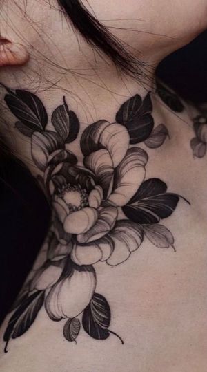 Tattoo uploaded by Mariah Najda • Blackwork peony neck tattoo • Tattoodo
