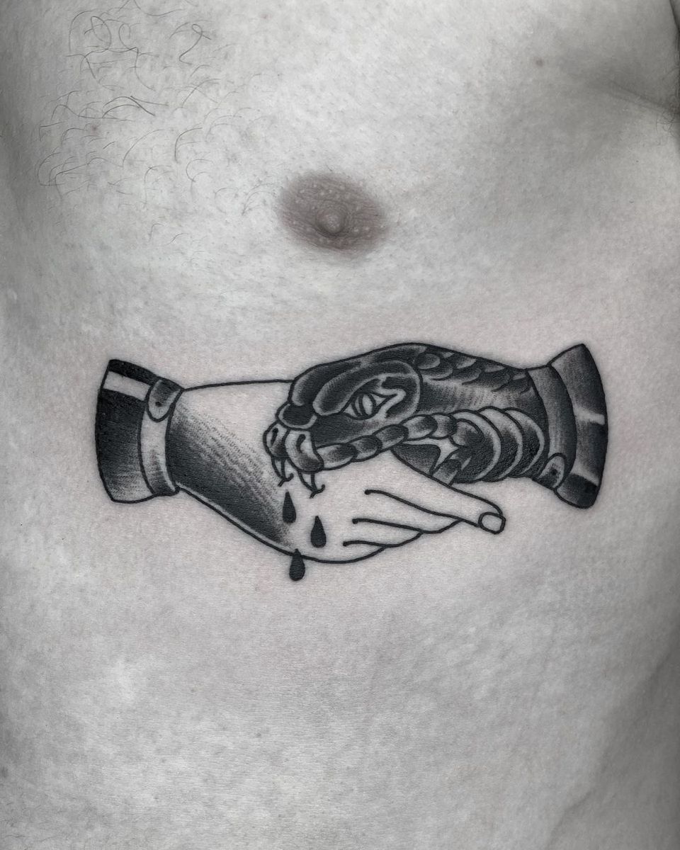 Tattoo uploaded by Hammersmith Tattoo London • Handshake Snake Bite ...
