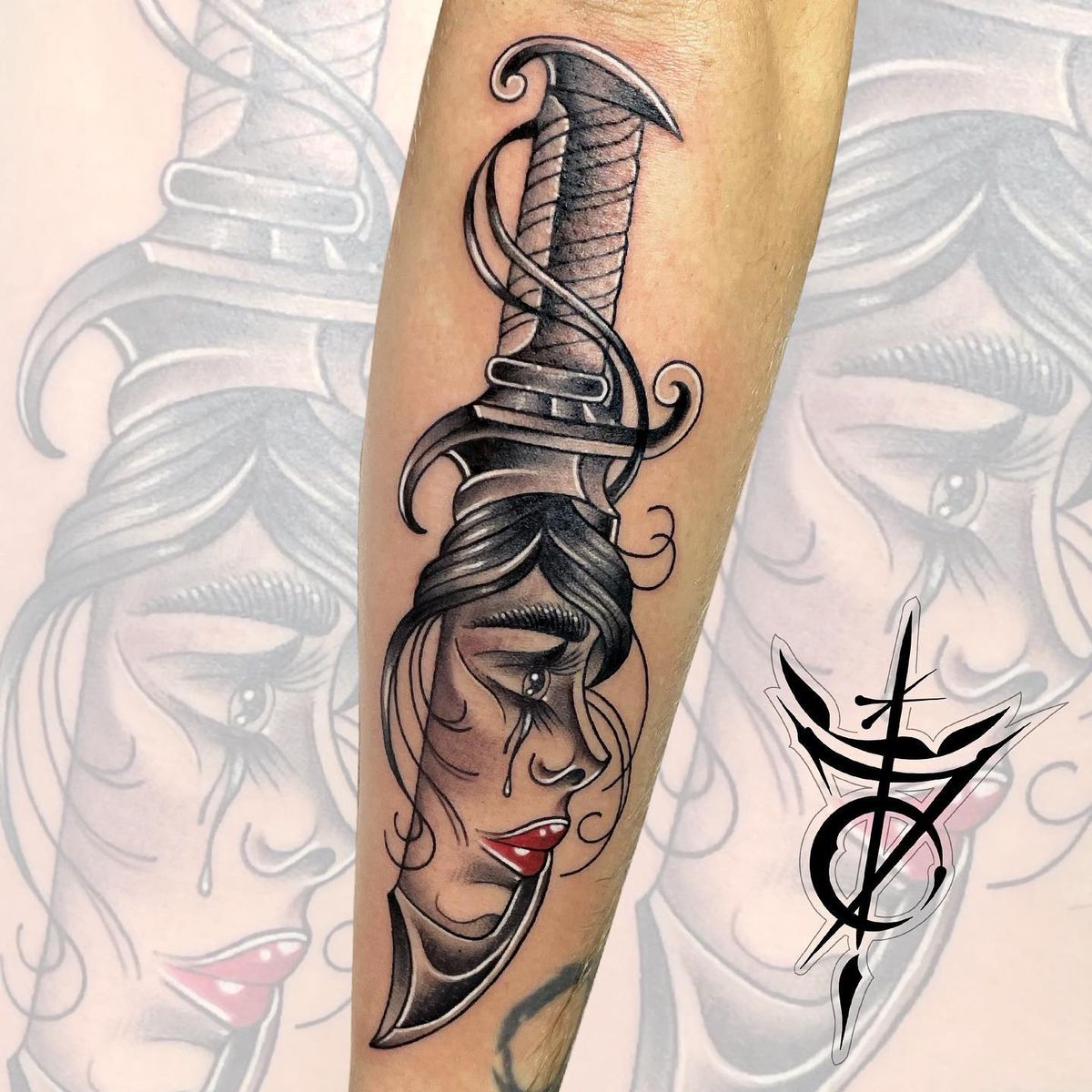 Tattoo uploaded by Hammersmith Tattoo London • Woman's Face and Dagger ...