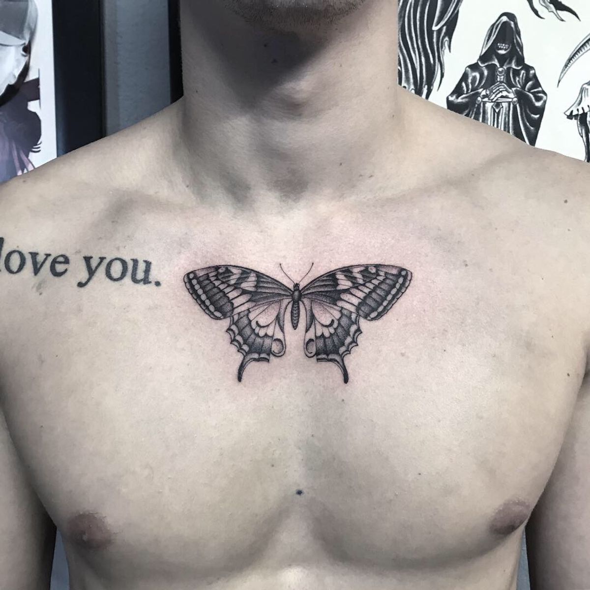 Tattoo uploaded by Luke Smith • Fineline butterfly on chest - Papillion ...