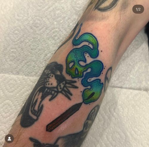 Burning match with skull smoke • Tattoodo
