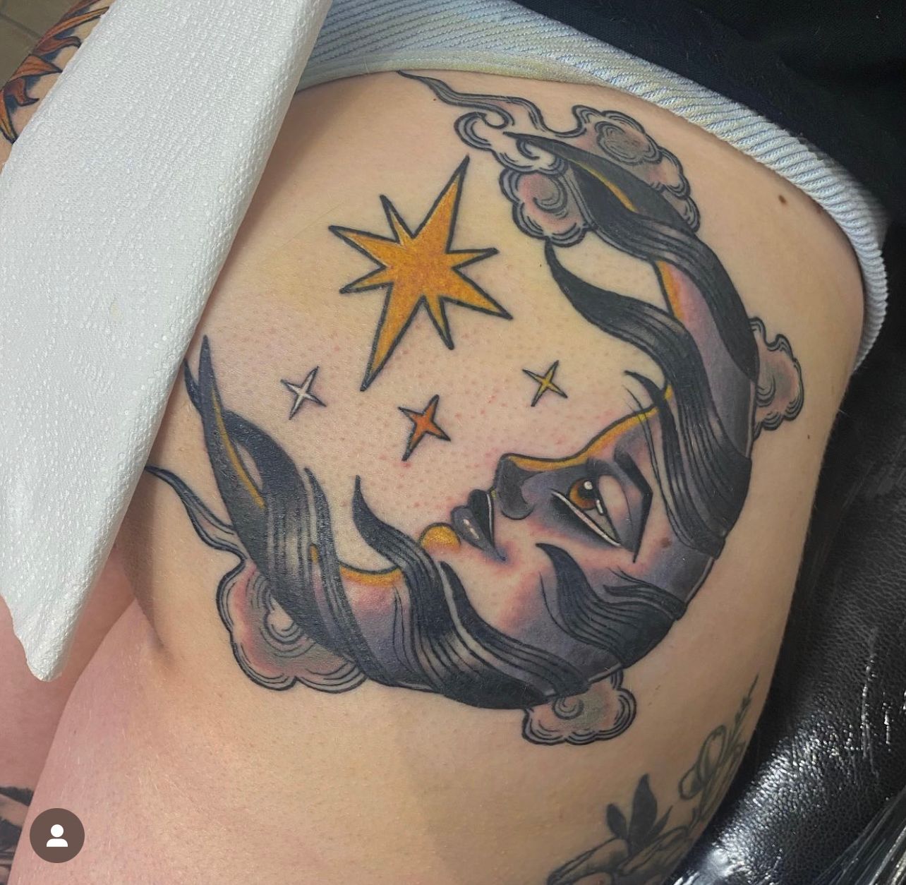 Neo-Traditional Moon Face Thigh Tattoo • Tattoodo