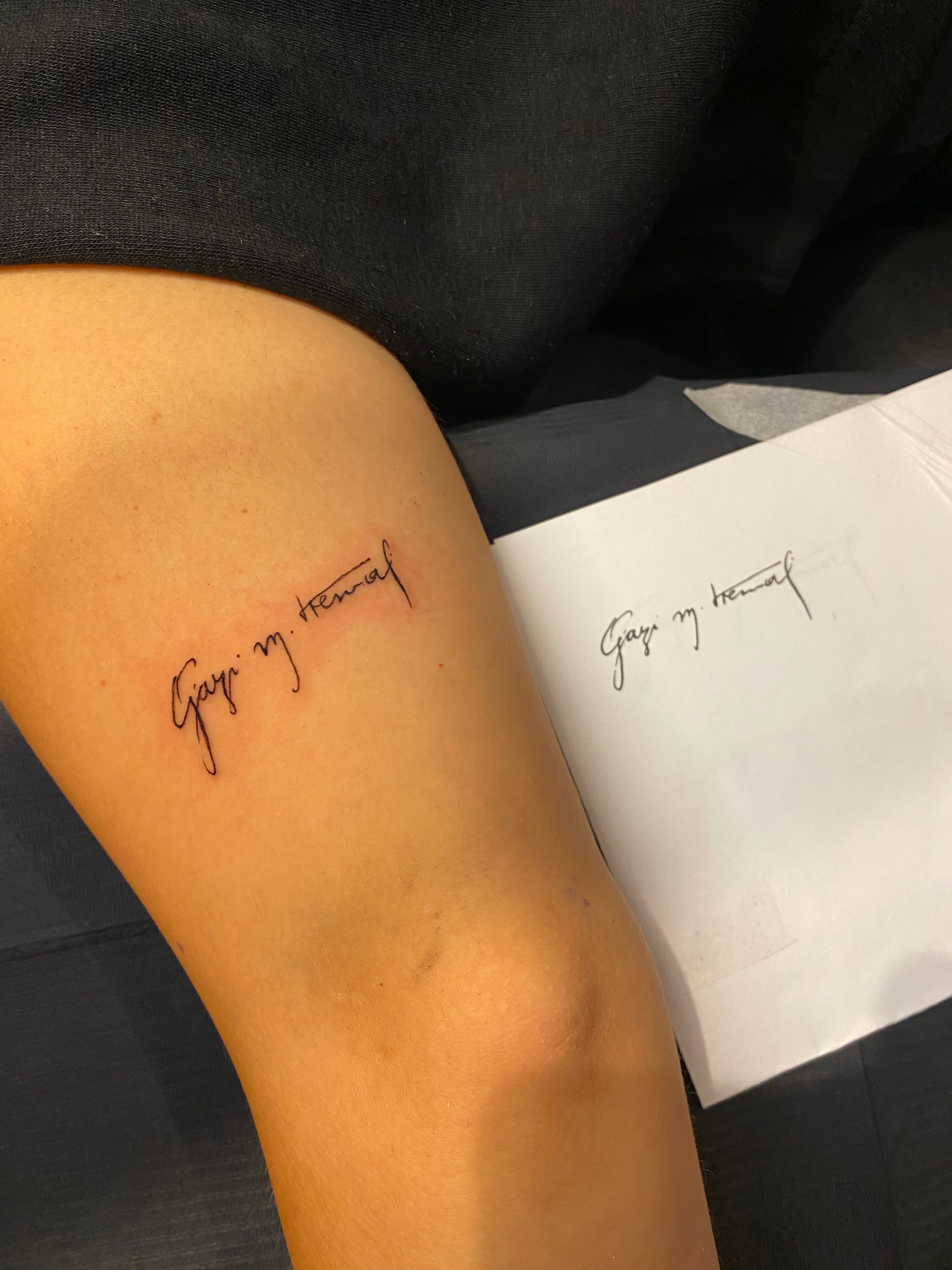 Small lettering thigh tattoo by Frankie Brown • Tattoodo