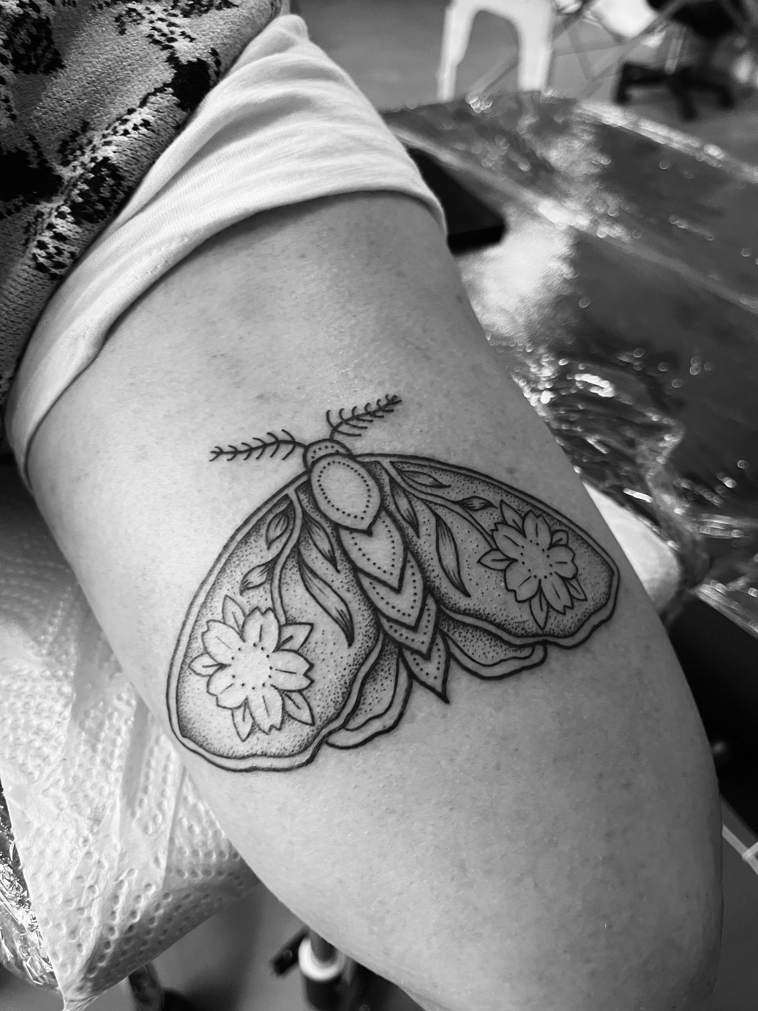 Dotwork Moth and Flower Tattoo • Tattoodo
