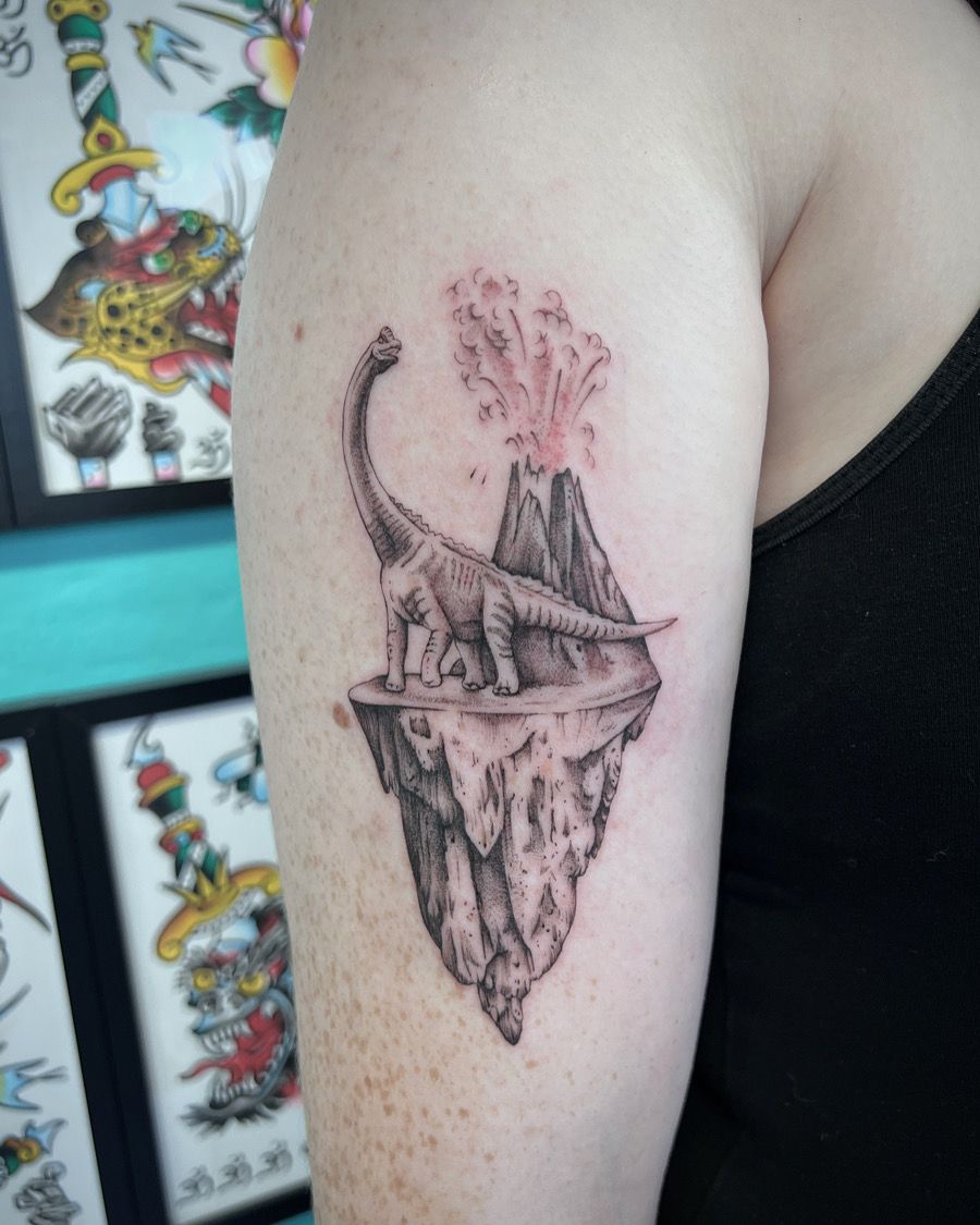Brachiosaurus Dinosaur Volcano Tattoo • Tattoodo