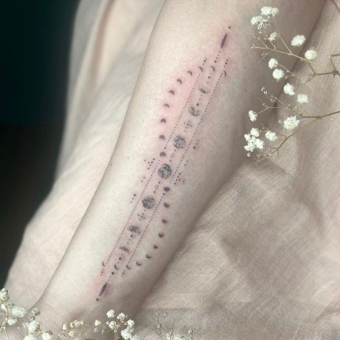 Moon Phases Dotwork Hand Poke Tattoo • Tattoodo