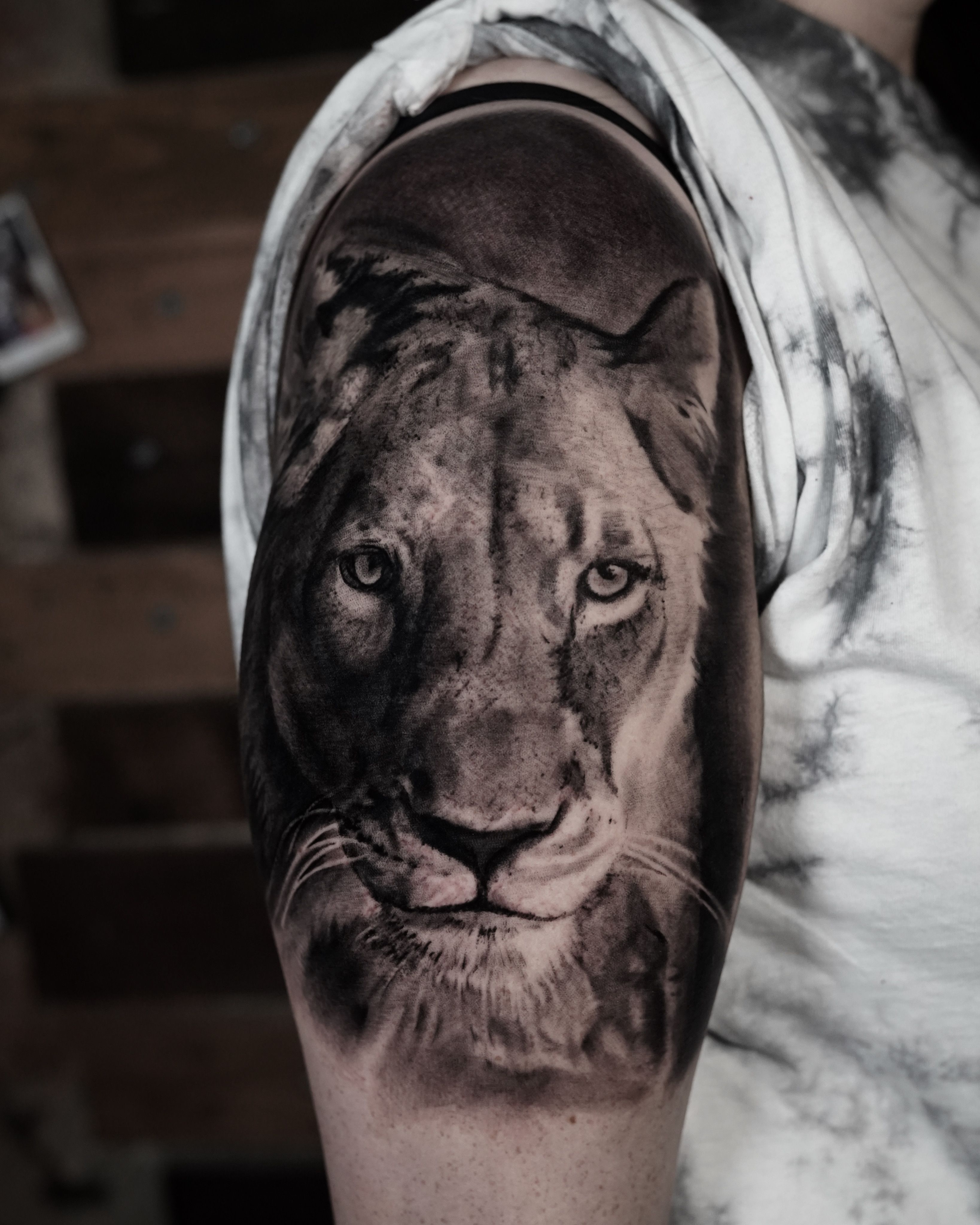 Lion and Lioness Realism Tattoo • Tattoodo