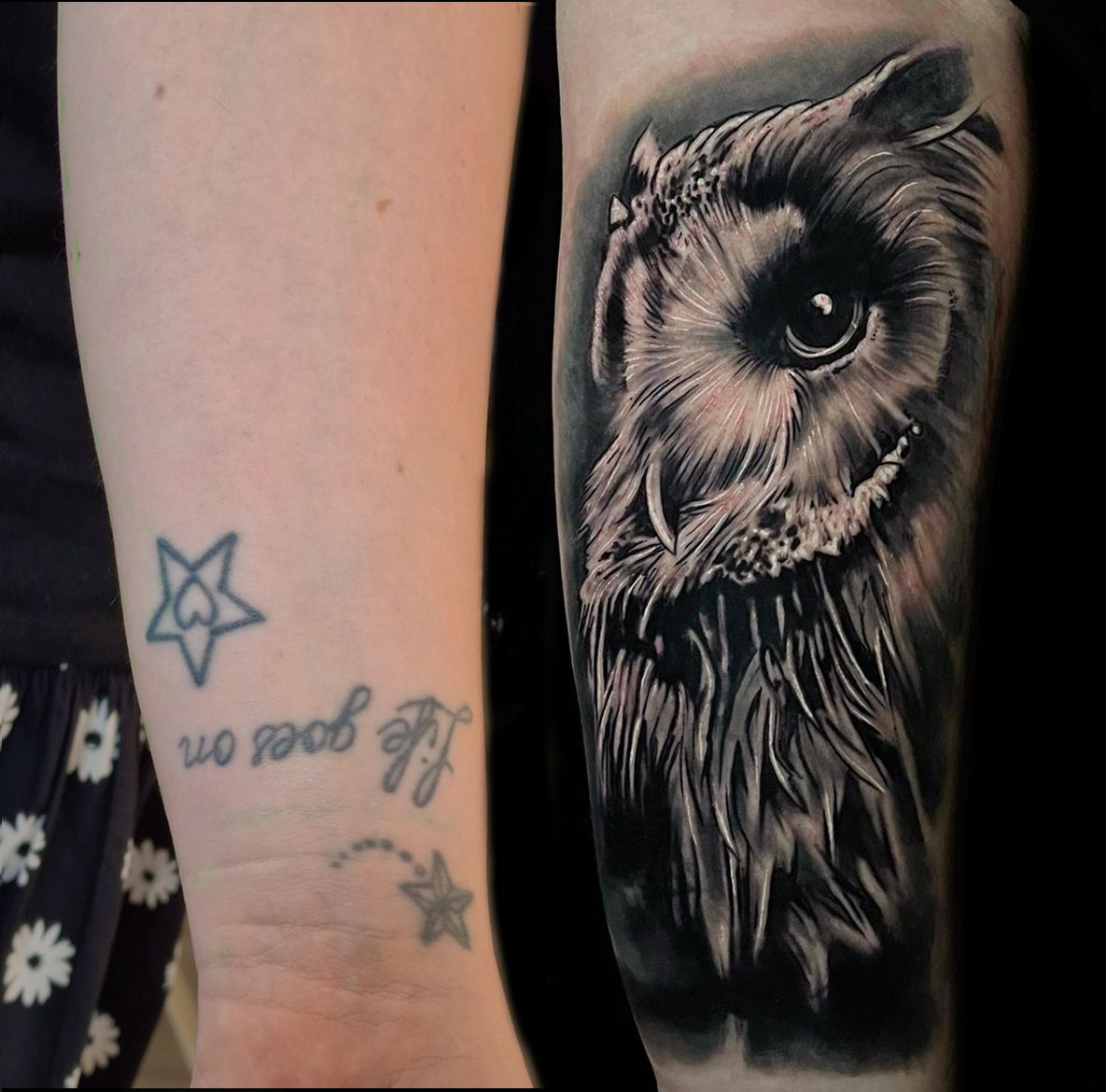 Owl Cover Up in Realistic Black & Gray • Tattoodo