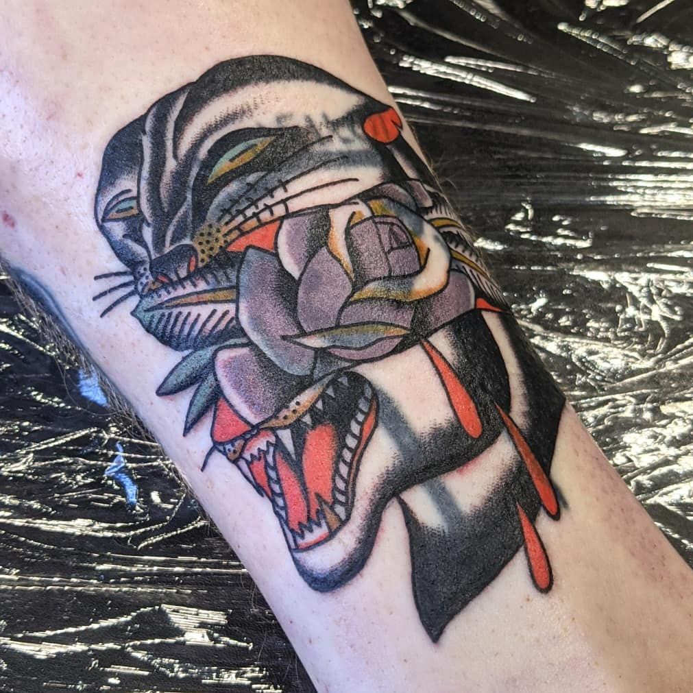 Traditional Panther & Rose Tattoo • Tattoodo